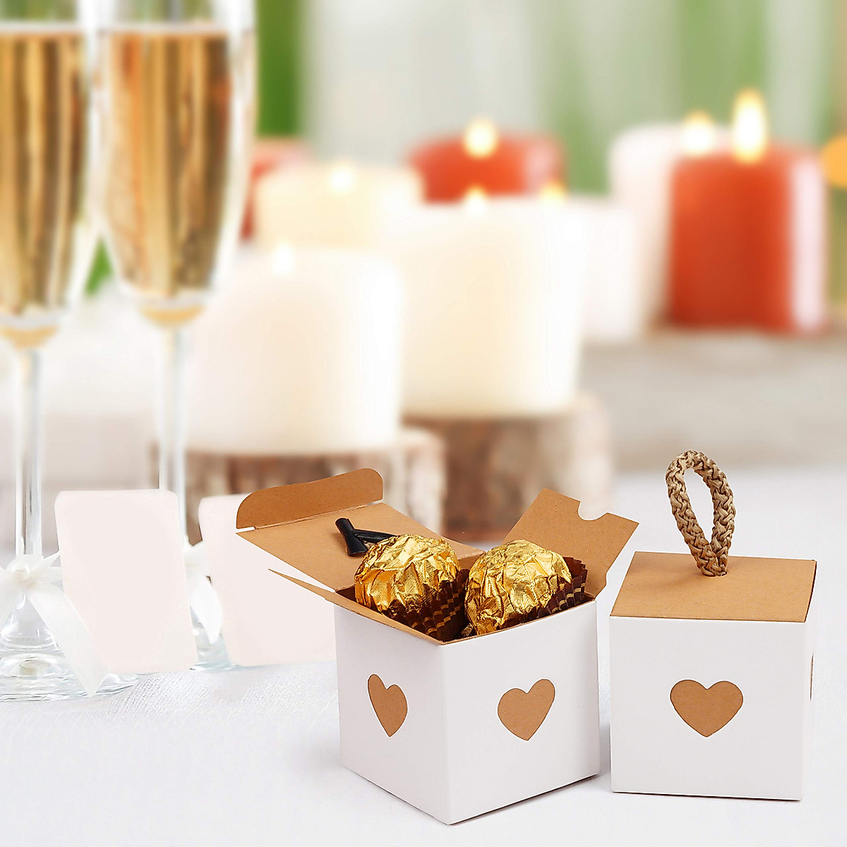 BELLE VOUS 50 Pack Mini White & Brown Heart Gift Boxes - 2 x 2 x 2 inch Wedding & Party Favor Paper Candy Kraft Boxes with Cute Twine Handles
