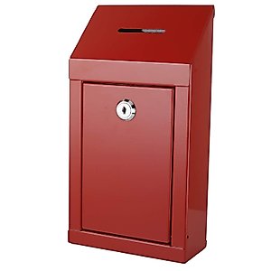 Secure Steel Collection Box with Top Slot and Lock with Keys - Wall Mountable with Pre-Drilled Holes, 10x6x2.5" Key Drop Box for Home Office (Red)