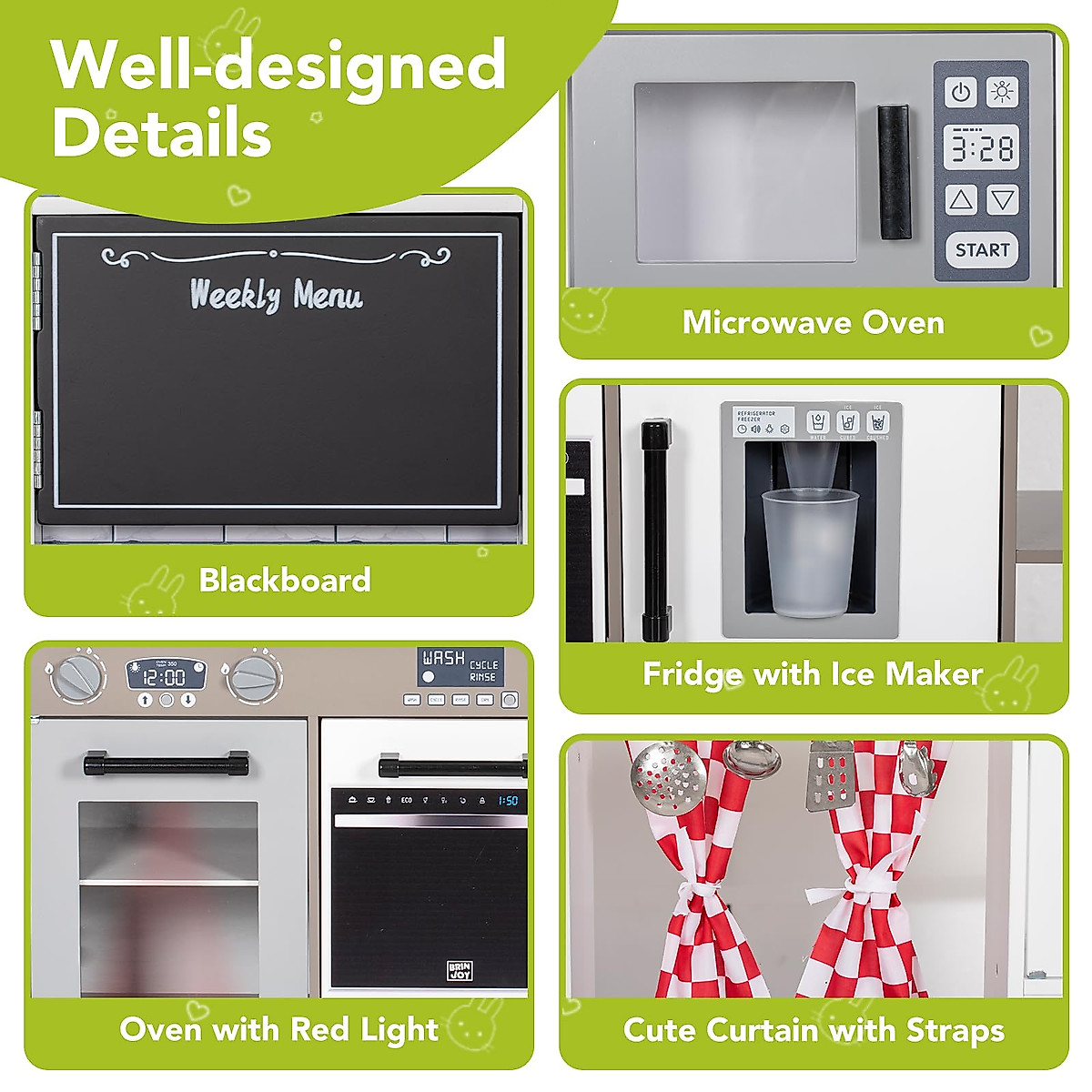 BRINJOY Kids Kitchen Playset, Wooden Toddler Kitchen Set w/Curtains, Coffee Maker, Storage Shelf, Stove,Sink, Utensils, Light & Sound, Kids Pretend Play Kitchen Toy Gift for Girls Boys (3-Stage)