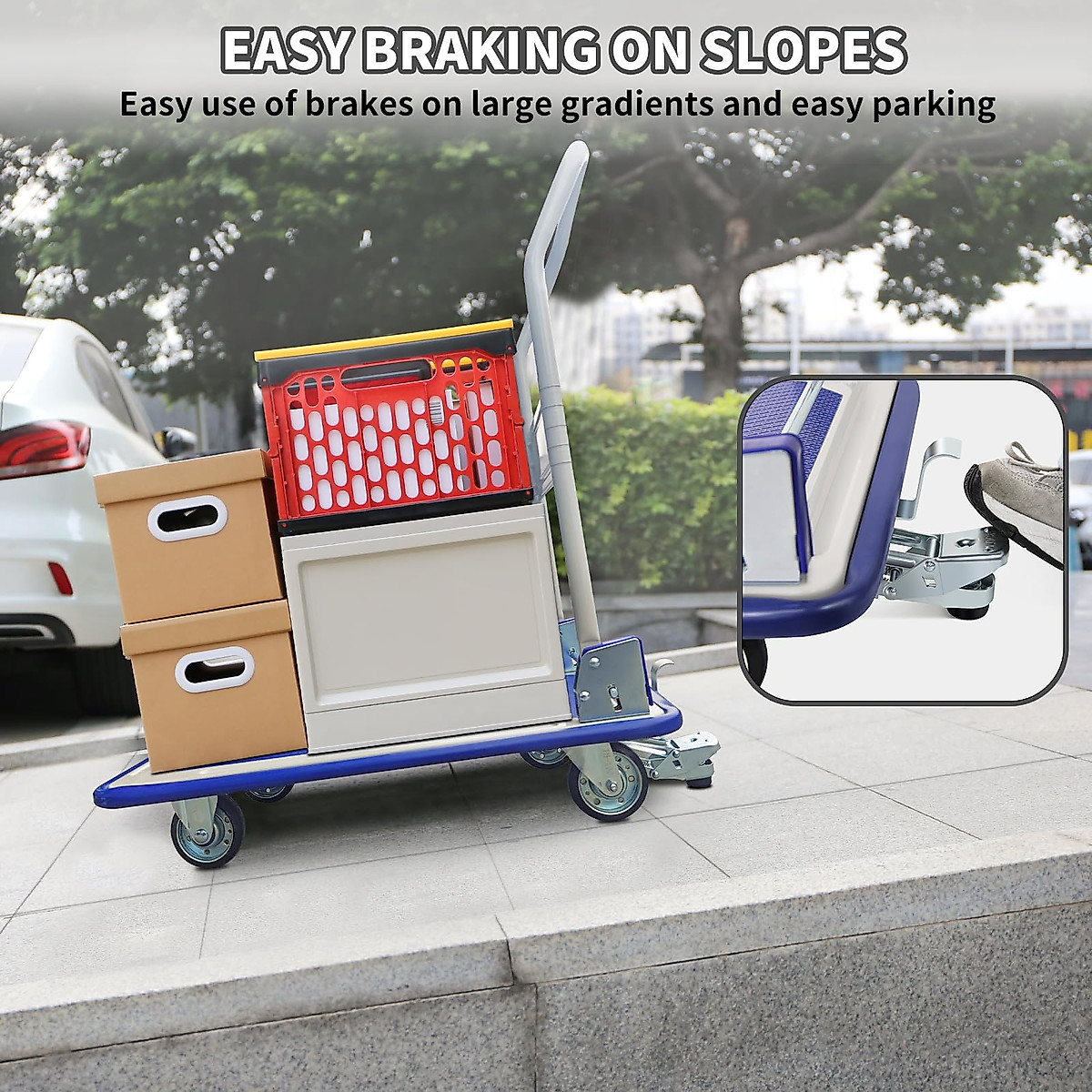 TAGEPOR Folding Steel Platform Hand truck with Brake Heavy Industrial Cart Load 330lb Flatbed Truck Warehouse Handling (29.2x18.1（load 330lb）)