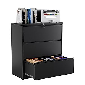 WIILAYOK Lateral File Cabinet with Lock,3 Drawer File Cabinet for Home and Office, Organizer Storage Lateral Locking Filing Cabinet, Black