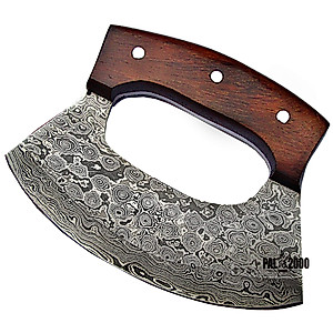 Knives - Alaskan Ulu - Mezzaluna Ulu Knife - Pizza Cutter Ulu - Traditional Ulu - Handmade Damascus Steel - Wood Handle - Ulu Knife - Vegetable Chopping Ulu - Crescent Blade (9891)