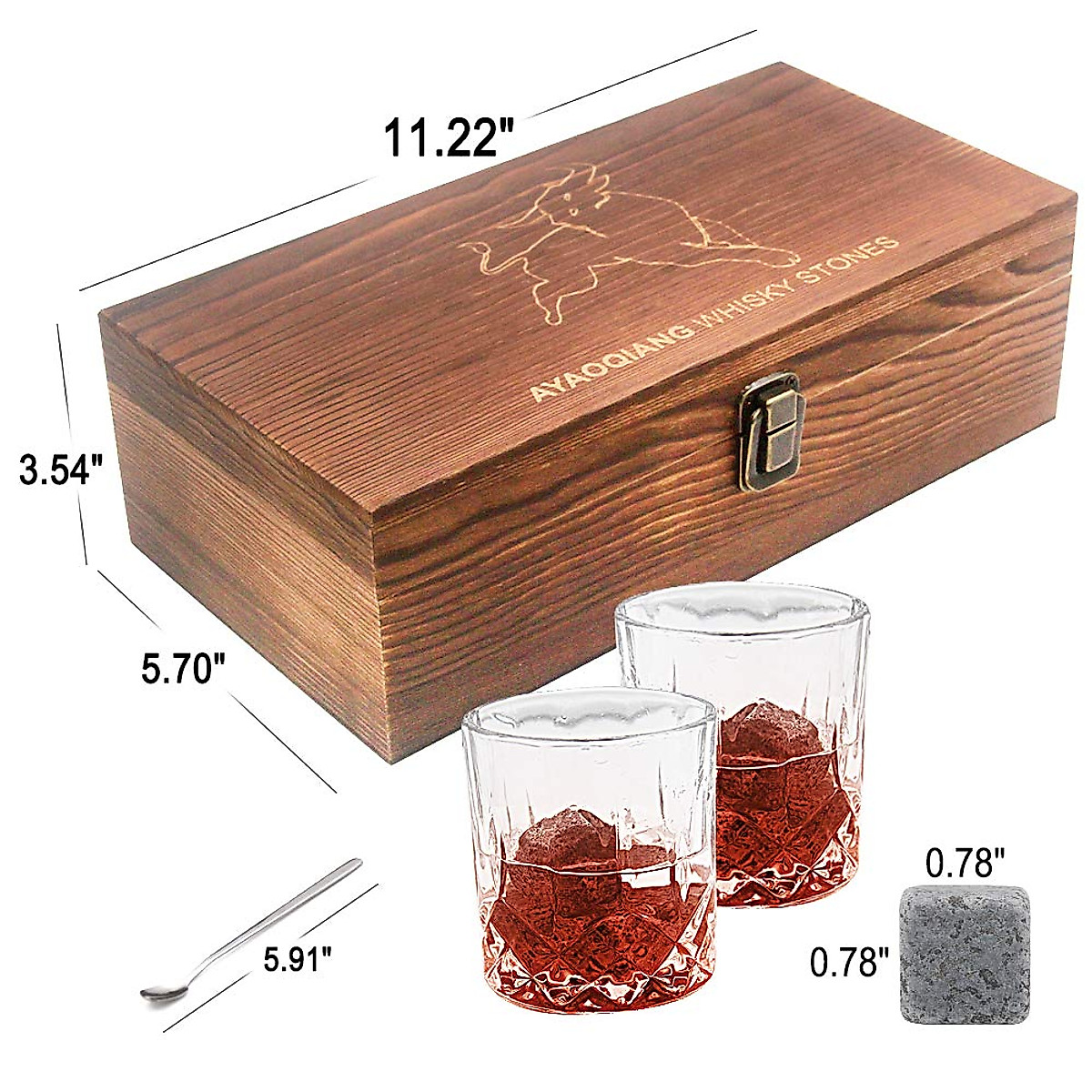 Whiskey Stones Glass Gift Set,16 Granite Whiskey Rocks,2 Crystal Whiskey Glasses & Velvet Bag Granite Chilling Rocks in Premium Wooden Box,Best Drinking Gifts for Men Dad Husband Birthday Party
