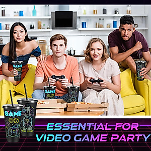 Uiifan 16 Pcs Video Game Party Plastic Cups with Lids and Straws 24 oz Iced Coffee Drinking Resuable Plastic Cups for Video Game Birthday Party Favor(Black)