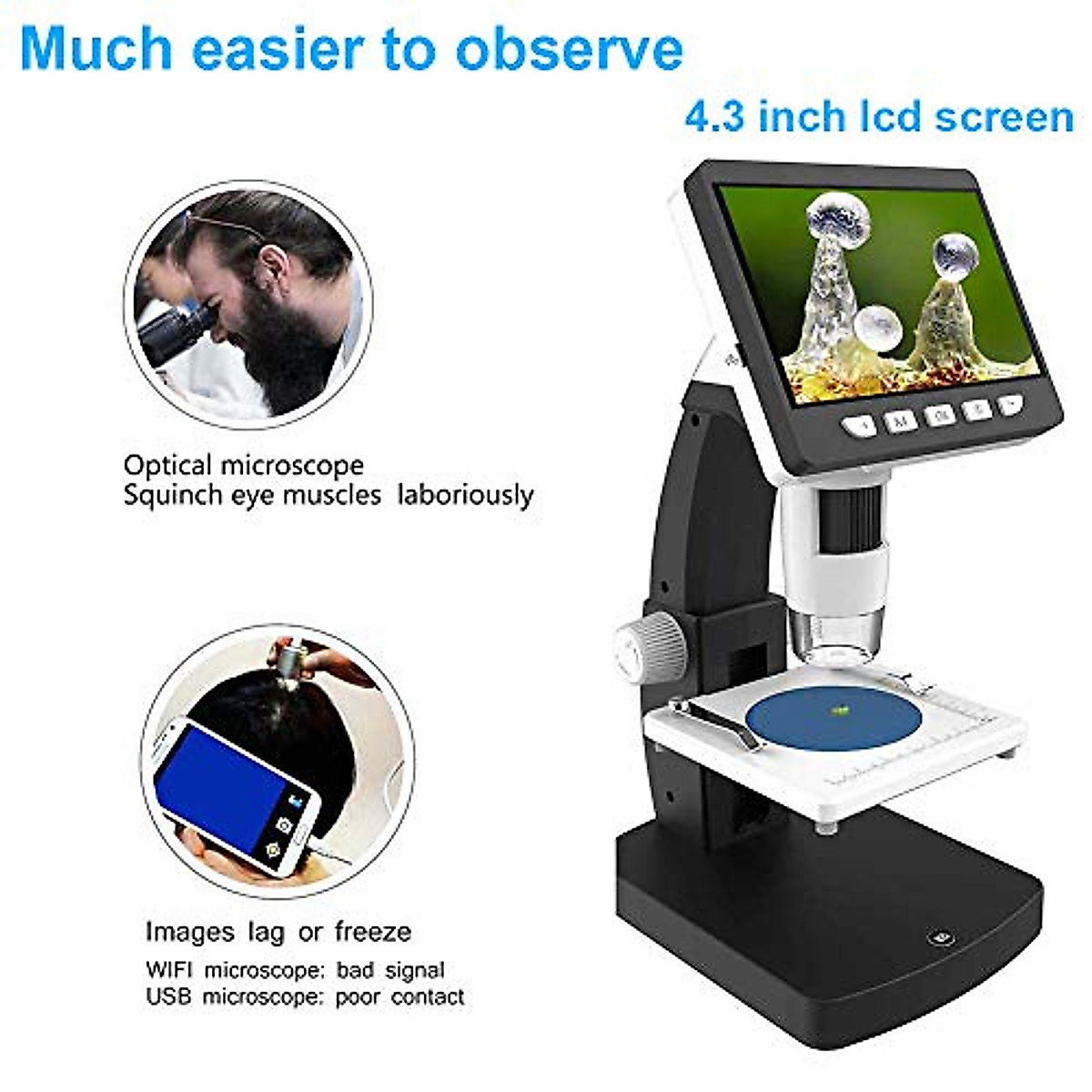 LCD Digital Microscope, YINAMA 4.3 Inch 50X-1000X Magnification 1080P Compound Handheld Microscopes Camera with Rechargeable Battery Mini Hdmi Port 8 LED Lights Slides