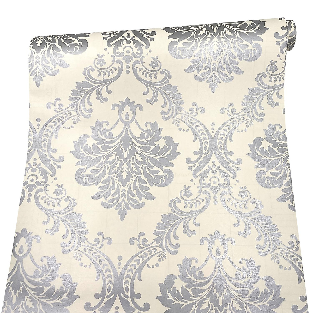 LovingWay Vintage Shelf Liner Self-Adhesive 17.7x177 Inch Drawer Covering PVC Paper Upgrade Old Furnitures Looking Grey Damask