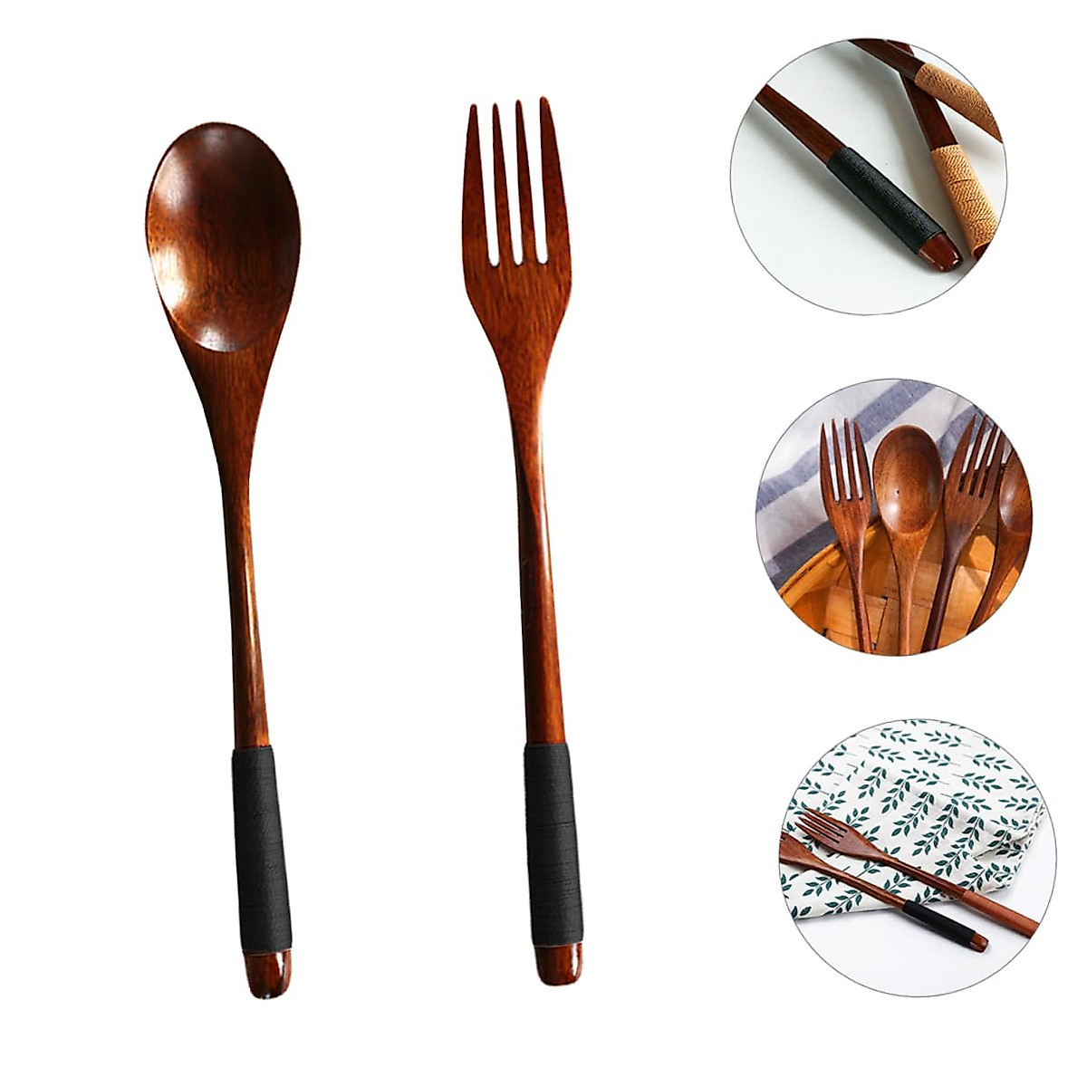 HOMSFOU 4pcs Japanese Wooden Handle Fork and Spoon Wood Soup Wood Cake Forks Stainless Steel Flatware Wooden Forks and Antique Flatware Wooden Tableware Kits Travel Salad Solid Wood