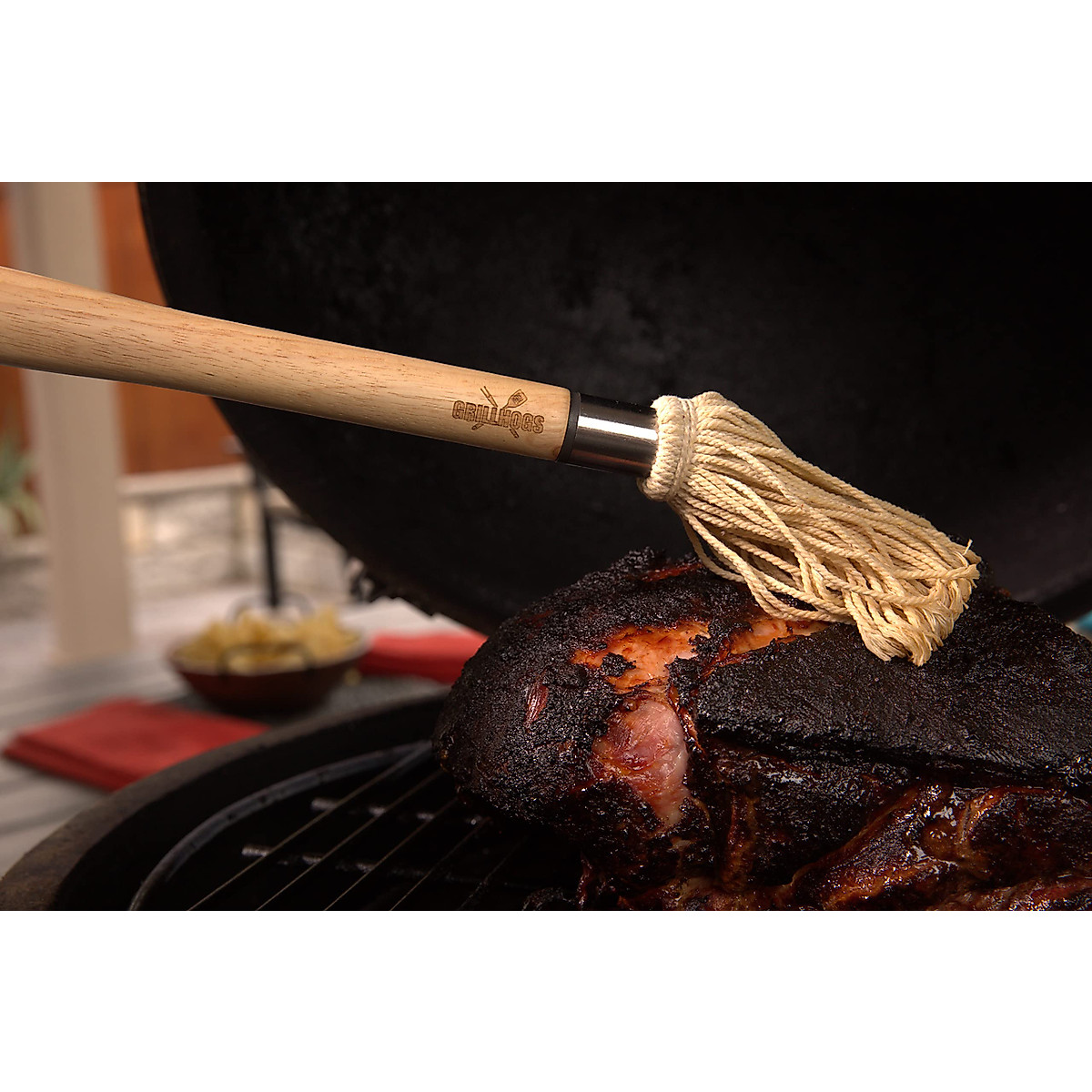 GRILLHOGS 18" Basting Mop - BBQ Mop Brushes for Sauce, Extra-Absorbent Double Head, Ergonomic Durable Natural Oak Handle, BBQ Grill Brush & Sauce Brush