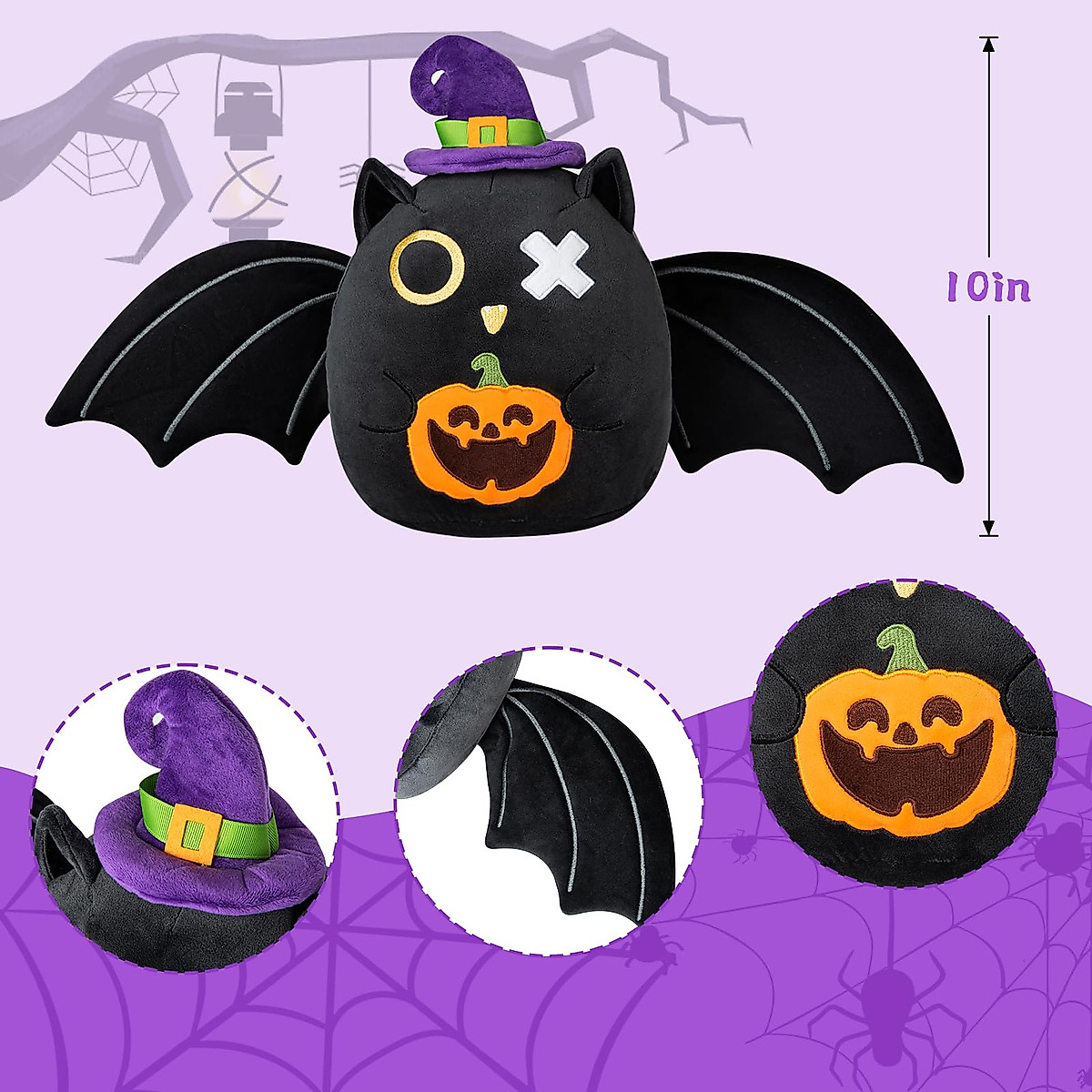 Halloween Stuffed Animal, Black Bat Plush Pillow Toy, 10-inch Super Soft Cute Bat with Big Wings and Pumpkin Stuffed Animals for Kids Adult