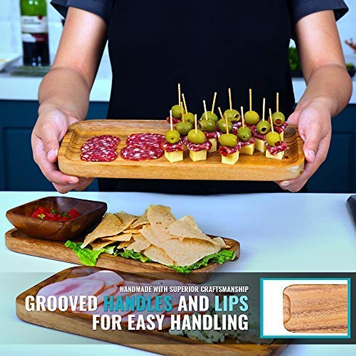 11.8 Inch Solid Wood Serving Platters and Trays Set of 3 Highly Durable Dishwasher Safe Rectangular Party Plates Avoid Sliding and Spilling Food with Easy Carry Grooved Handle Design