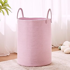 MOJOSCEND Pink Laundry Basket Hamper for Girls Kids Baby, 15Dx20H Inches Large Nursery Hamper Bin, Woven Storage Basket for Living Room Girls room, Boho Tall Rope Baskets for Blanket Toys-Large