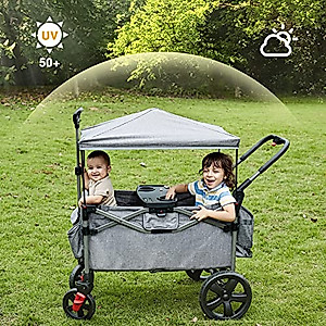 EVER ADVANCED Foldable Wagons for Two Kids & Cargo, Collapsible Folding Stroller with Adjustable Handle Bar,Removable Canopy with 5-Point Harness Gray
