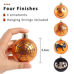 Halloween Hanging Ball Ornaments, 12pcs 2.16" Halloween Hanging Glitter Ball Decorations Plastic Reflector Rounds Hounted House Prop Toys, Spider Web Ghost Cat Printed for Halloween Hanging Decor