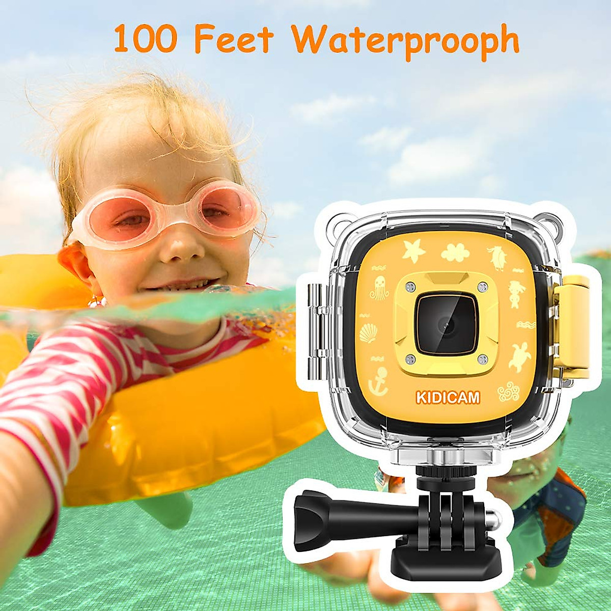 Dragon Touch Kidicam 2.0 Kids Action Camera, Waterproof Digital Camera for Boys Girls 1080P Sports Camera Camcorder with 16GB Memory Card (Yellow)