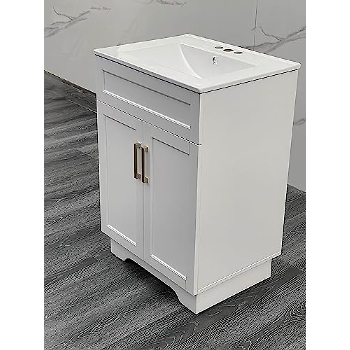 OLD CAPTAIN Bathroom Vanity with Ceramic Sink, Wooden Double Door Bathroom Storage Vanity with 24 Inch, Small Quick Assembly Bathroom Cabinet, White & Grey - Faucets and Downpipes Not Included (White)