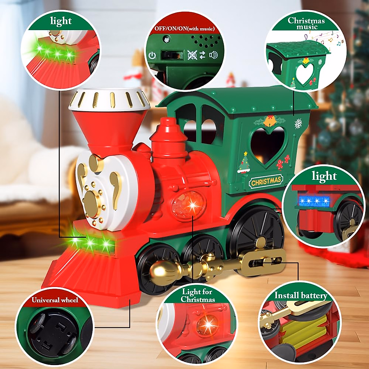 JUQU Train Toy for Christmas - Toy Train w/Lights & Customized Sounds for Christmas - 360° Rotation Moving Bump and Go Train Locomotive for Kids Toddlers for Age 3 4 5 6 7 8+ Boys Girls (Red/Green)