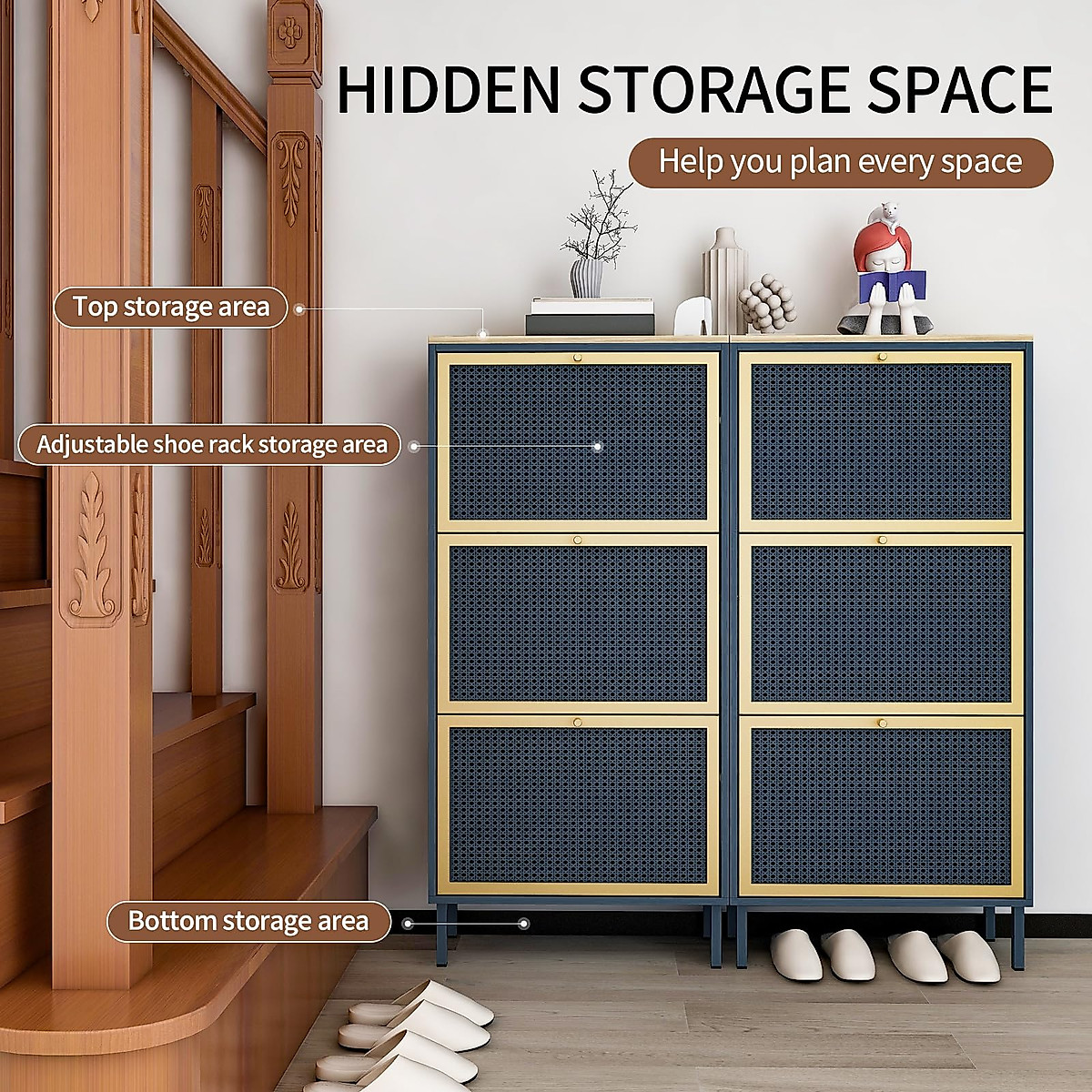 mixtavie Metal Rattan Shoe Cabinet with 3 Flip Drawers, 3-Tier, Free Standing, Hidden Shoe Storage for Entryway and Living Room, Blue (Set of 1)