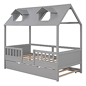 Twin Size House Bed Wood Bed with Twin Size Trundle (Gray)