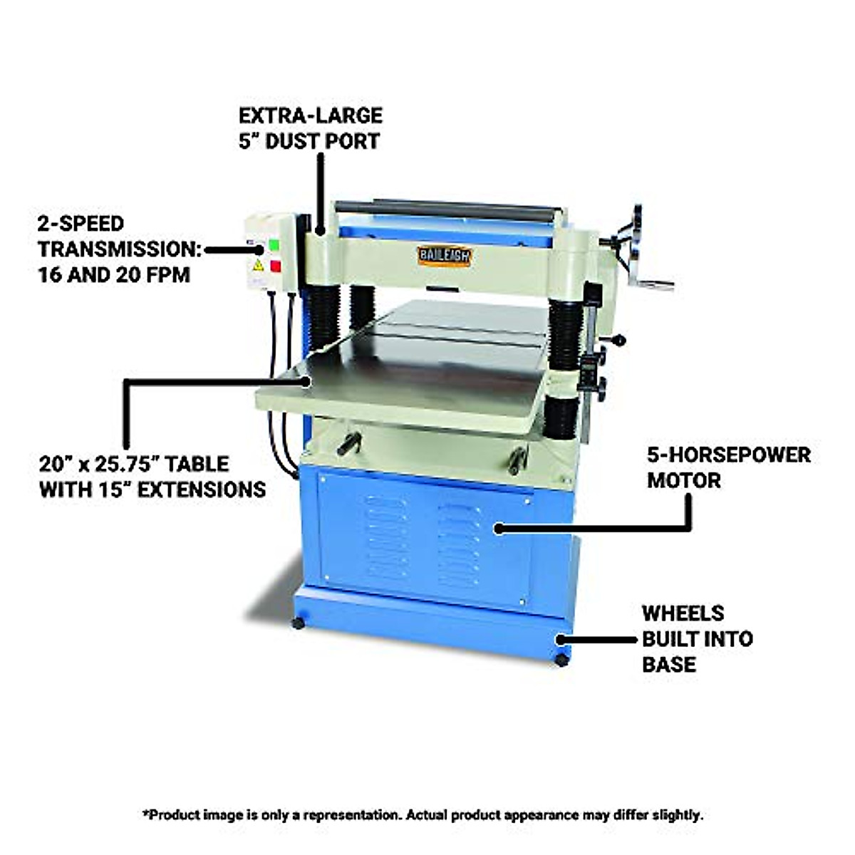 Baileigh IP-208 Woodworking Planer, 20" Width, 8" Max Height, 220V 1PH, 5HP