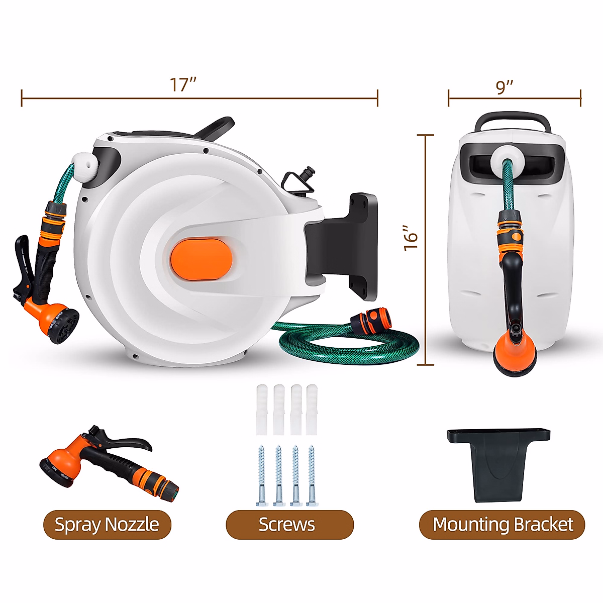 VANEPIC Retractable Garden Hose Reel 65 FT x 1/2 Inch Any Length Lock Hose Reel, Automatic Slow Rewind System, Wall Mounted and 180 Deg Swivel Bracket for Garden Watering and Car Washing