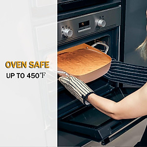 Feipone Non Stick Deep Frying Pan with Lid, 9.5” Copper Square Pan for Cooking, 6 Piece Saute Pan Set with Fry Basket, Steamer Rack, Oven Grips, Dishwasher & Oven Safe, 5 Quart Chef Cookware