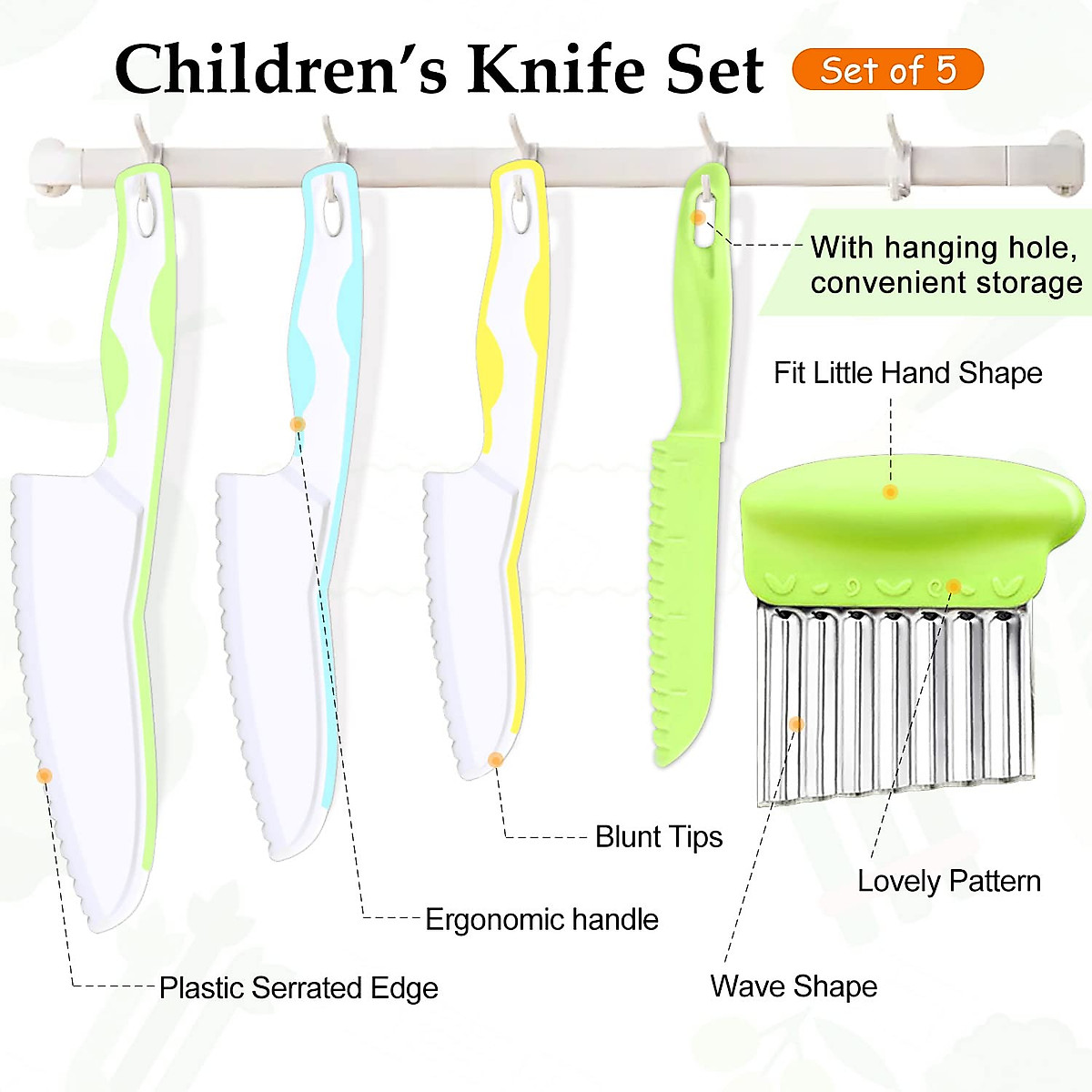TAORISH 5 Pcs Kids Knives, Kids Safe Cooking Knife, Plastic Kids Kitchen Knife Set with Crinkle Cutter, Serrated Edges Toddler Knife Kids Knives for Real Cooking & Cutting Fruit, Bread, Vegetable