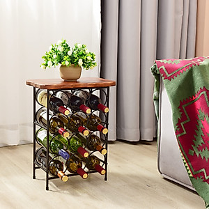 WELLAND 12 Bottle Wine Rack with Solid Wood Table Top, Metal & Pine Free Standing Wine Storage Rack