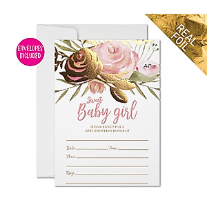 All Ewired Up 50 Baby Shower Invitations, Real Gold Foil Pink Blush Sweet Baby Girl Shower Invites and Envelopes (Large Size 5x7) Floral Roses Greenery Stunning Design