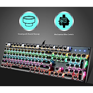 TISHLED Typewriter Style Mechanical Gaming Keyboard RGB LED Backlit 104-Key Clicky Blue Switches Retro Steampunk Round Keycaps Metal Panel Light Up Keyboard Wired USB for PC/Mac/Laptop, Black