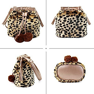 Van Caro Women’s Faux Fur Drawstring Bucket Bag Shoulder Crossbody Bag, Leopard Brown