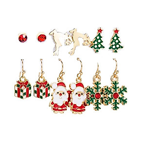 6 Pair Christmas Earrings for Women Cute Funny Holiday Xmas Stud Earrings Bow Bell Candy Reindeer Snowflake Santa Claus Tree Enamel Drop Dangle Earrings for Christmas Gifts -Style 1