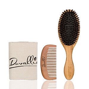 Boar Bristle Hair Brush Set for Women and Men - Designed for Thin and Normal Hair - Adds Shine and Improves Hair Texture - Wood Comb and Gift Bag Included (black)