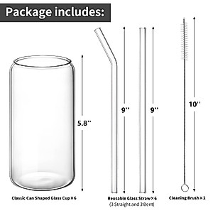 CWHHRN Glass Cups with Straw 6 Set, 16oz Beer Glasses, Glass Coffee Cups, Iced Coffee Glasses, Glass Tumbler for Whiskey, Soda, Tea (4 PACK)