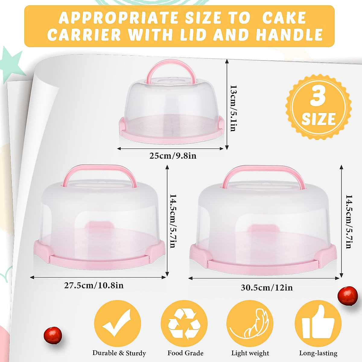 Baderke 3 Pcs Cake Carrier with Lid 9.8 Inch 10.8 Inch 12 Inch Cake Stand with Lid and Handle Portable Round Cake Carrier Plastic Cake Container Cake Holder Pink Cake Keeper for Transporting Cupcakes