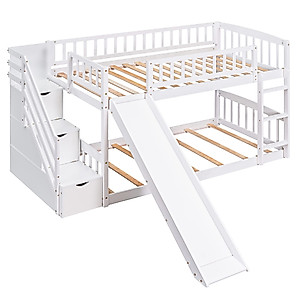 Harper & Bright Designs Twin Over Twin Bunk Bed with Slide and Guardrail, Floor Bunk Bed with Stairway/Two Drawers/Handrail, Space-Saving Bedroom Dormitory Furniture (White)