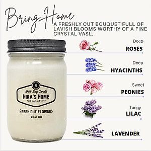 Nika's Home Fresh Cut Flowers Soy Candle 12oz Mason Jar Non-Toxic White Soy Handmade, Long Burning 50-60 Hours Highly Scented All Natural, Clean Burning Candle Gift Décor