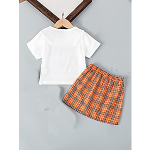 SOLY HUX Toddler Girl's 2 Piece Outfits Letter Car Graphic Print Short Sleeve Tee and Plaid Skirt Set Multicoloured 90