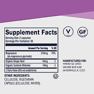 Vimergy Magnesium Glycinate, Trial Size - 30 Servings – with Turmeric & Ginger - Promotes Relaxation & Sleep – Supports Bone, Muscle & Heart Health - Gluten-Free, Kosher, Vegan & Paleo (60ct)