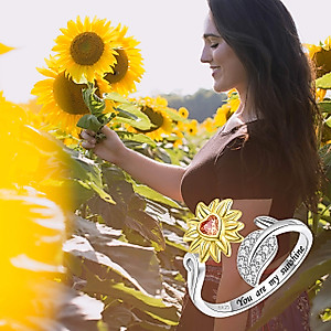 BEILIN You Are My Sunshine Sunflower Ring for Women S925 Sterling Silver I Love You Forever Promise CZ Heart Ring Adjustable Wrap Open Ring