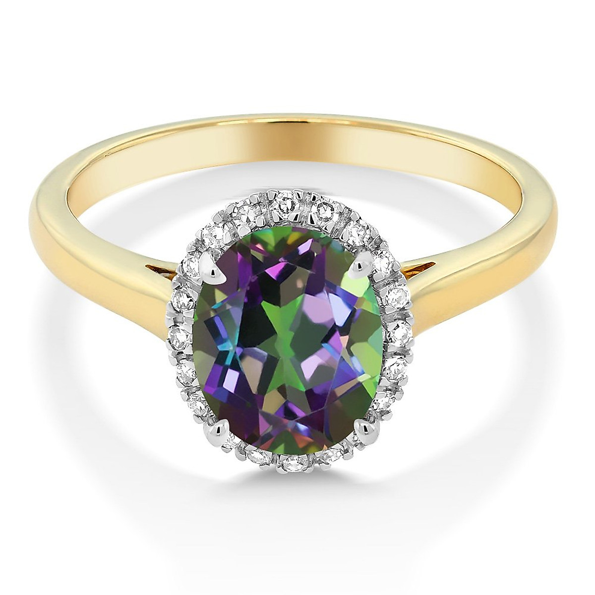 Gem Stone King 10K 2-Tone Gold Oval Green Mystic Topaz and Diamond Halo Engagement Ring For Women (2.44 Cttw, Gemstone Birthstone) (Size 7)