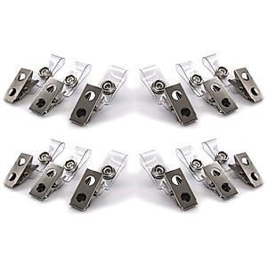 12 Metal Badge ID Clips with Clear PVC Straps for ID Badge Card Holder Adapter