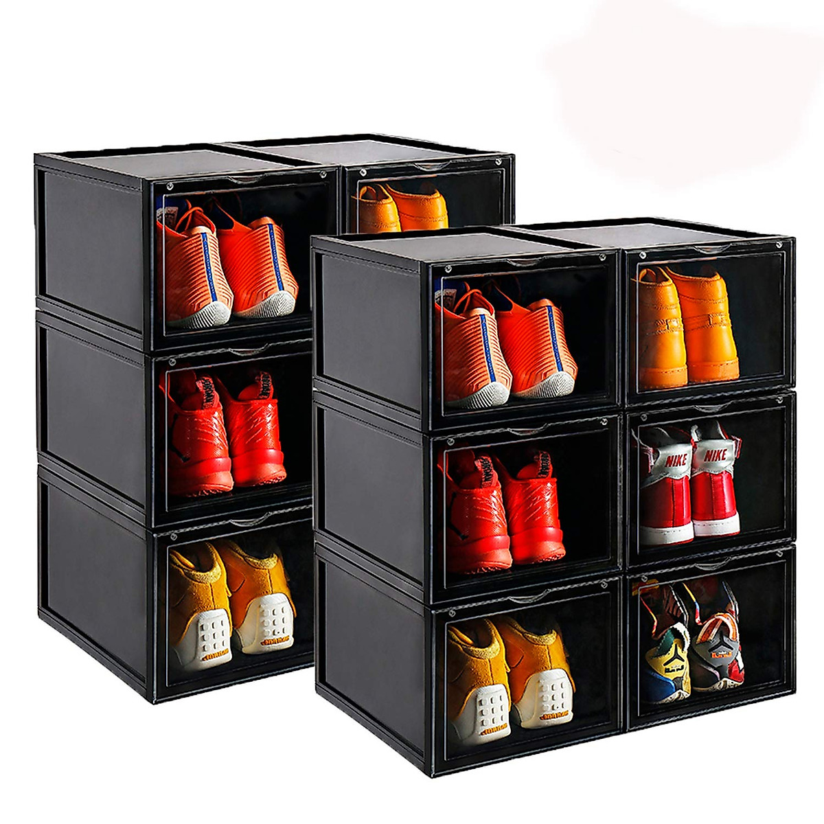 AOTENG STAR Black Storage Shoes Box Womens Mens Shoe Storage Display Box Plastic Foldable Stackable Shoe Container Clear Closet Shelf Shoe Organizer-6 Pack