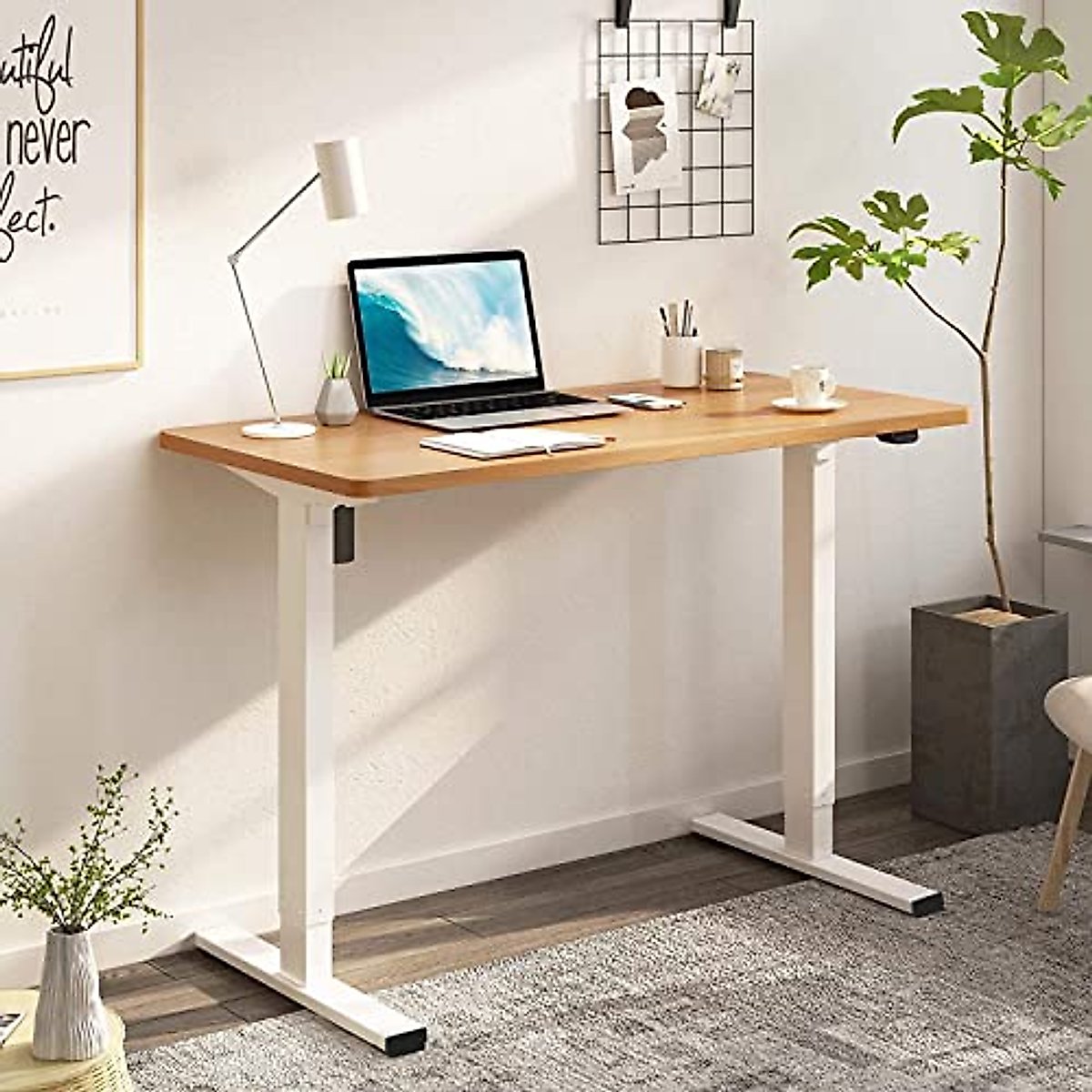 FLEXISPOT Standing Desk 48 x 24 x （28.6-46.3） Inches Height Adjustable Desk Whole-Piece Desktop Electric Stand up Desk Home Office Table for Computer Laptop (White Frame + 48 in Maple Desktop)