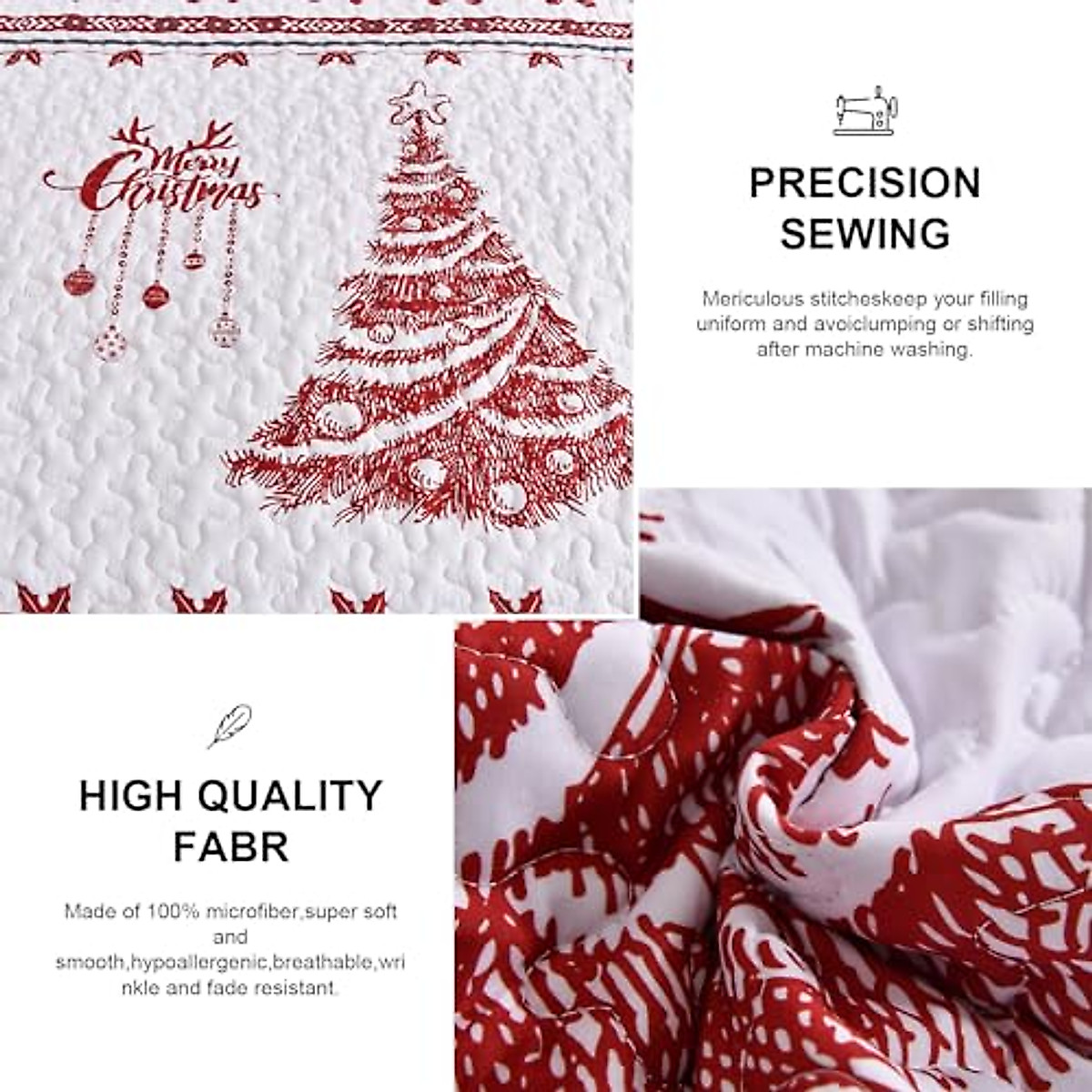 Christmas Tree Elk Quilt Set - 3PCs Soft Microfiber Lightweight Quilt Set Bedspread with 2 Pillowcases for Kids Teens Adults, Queen Size 90" x 96