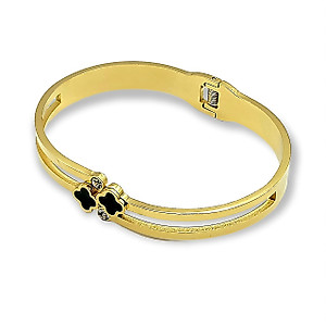 Dainty Clover Bangle Bracelet Stainless Steel Gold Plated With Crystal Accents
