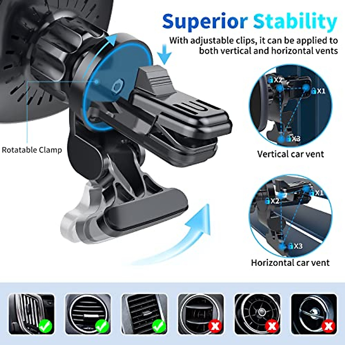 Magnetic Charger Car Vent Mount, UTOO Strong Snap Phone Holder, Easy to Intall, Fast Wireless Charge for iPhone 12 iPhone 13 iPhone 14 Series