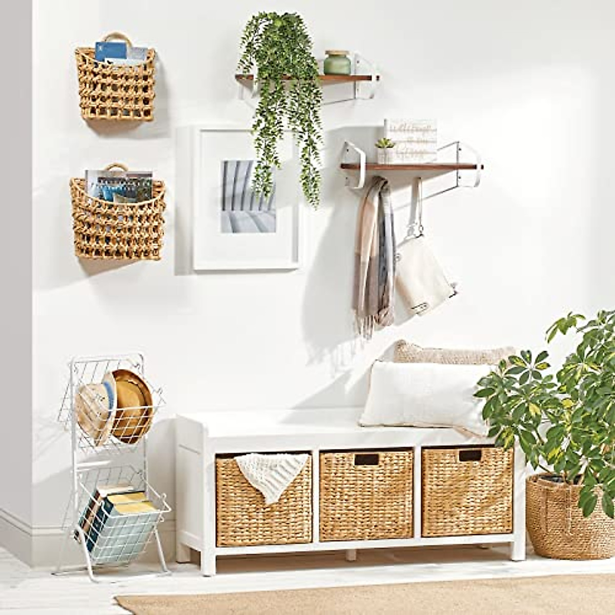 mDesign Woven Hyacinth Hanging Wall Mount Storage Organizer Basket - Rustic Hangable Mounted Market Baskets for Kitchen, Bathroom, Shelf - Holds Floral, Food, and Mail - Set of 2 - Natural/Tan