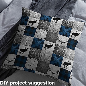 Deer Fabric by The Yard,Buffalo Plaid Check Upholstery Fabric Cabin Lodge Decorative Fabric for Quilting Sewing, Wild Animal Elk Antler Christmas Deer Patchwork Fabric Blue Grey 2 Yards