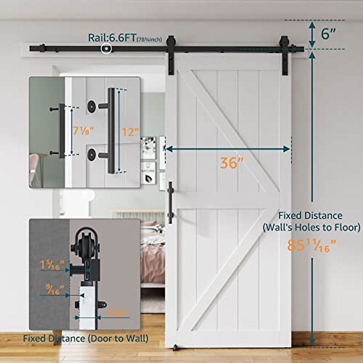 ALAMEDADT 36'' x84'' Sliding Barn Door Kit with 6.6 Ft Barn Door Hardware Kit, MDF, Solid Core, Combined with Handle and Floor Guide-Assembly Required-Include Installation Manual, K Shape, White