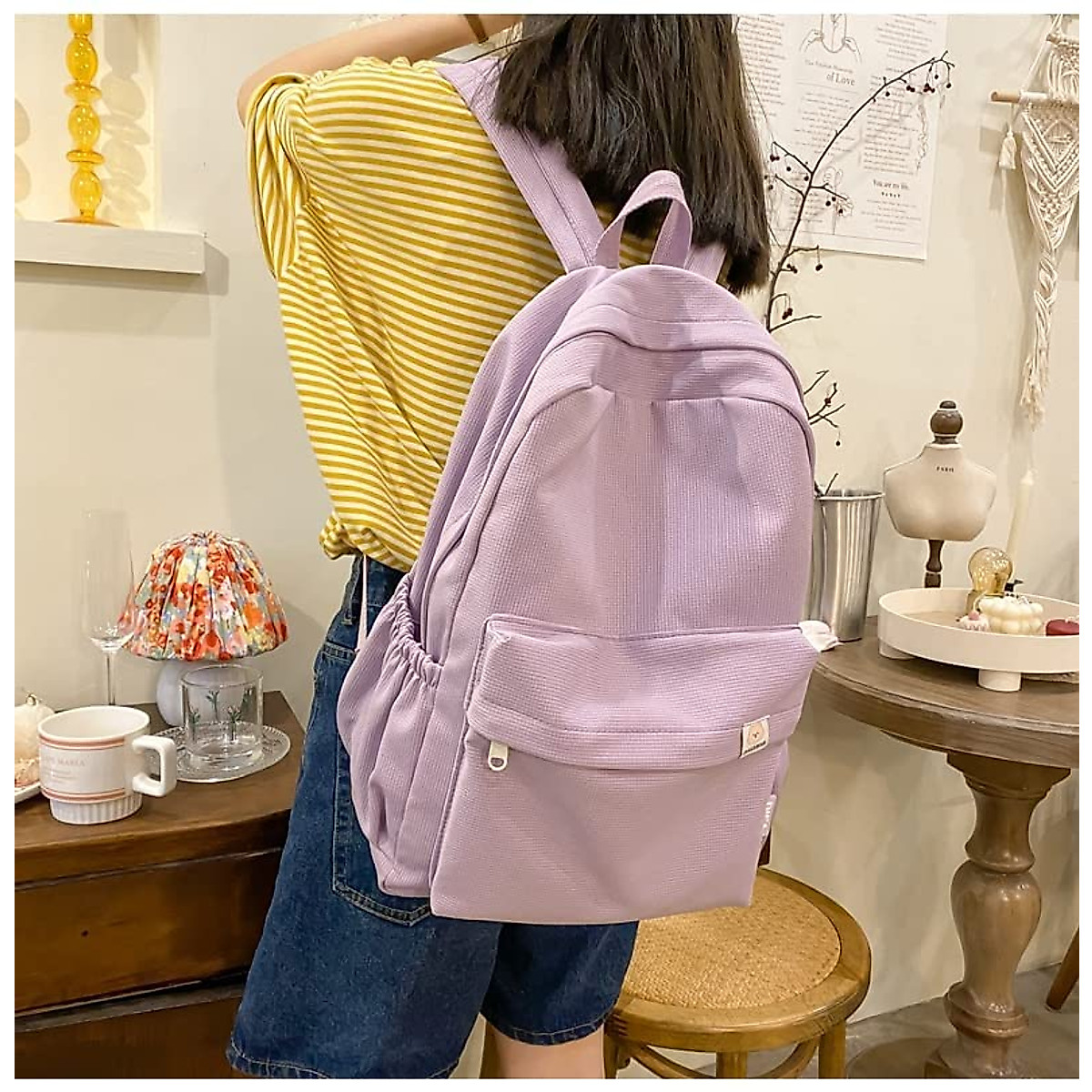 Kawaii Backpack Aesthetic Backpacks Cute School Bag Back to School Backpack Supplies for Teen Girls (Beige)